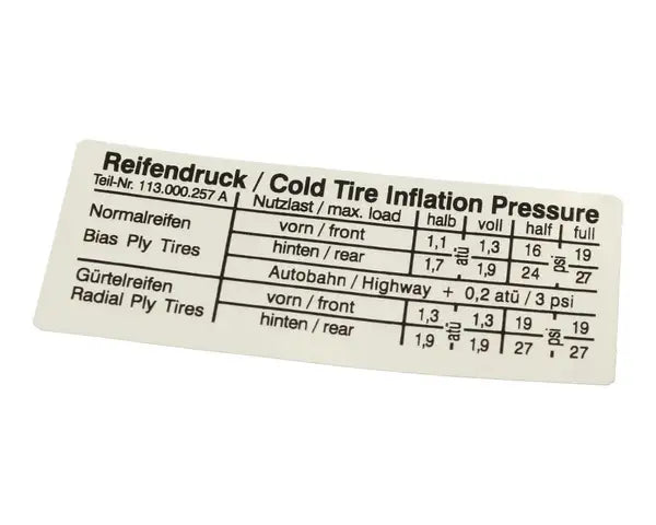 Tyre Pressure Sticker for all VW Beetles – VW Spares